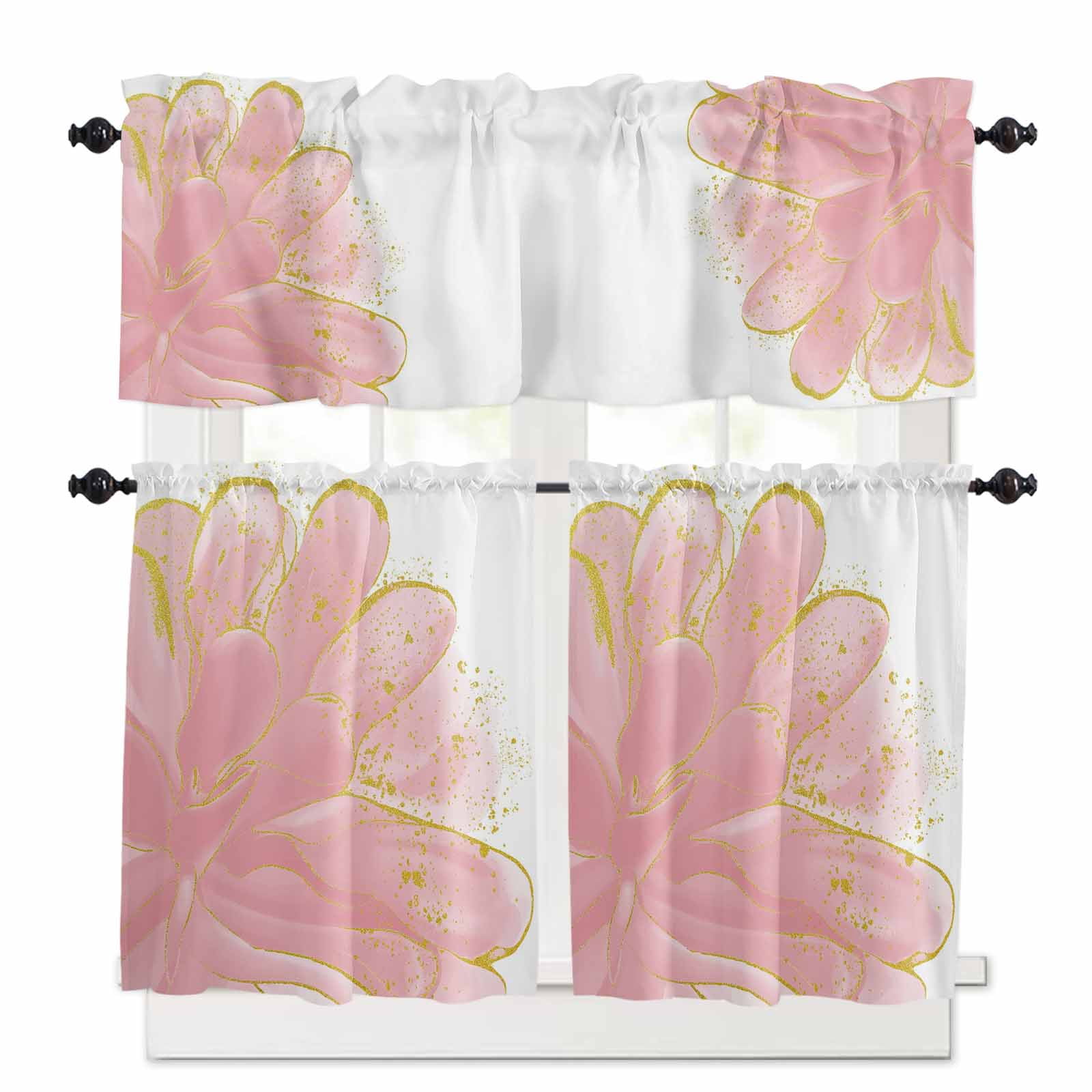 Pink Gold Kitchen Curtains Set for Windows 3 Pieces,36 Inch Length Tier ...