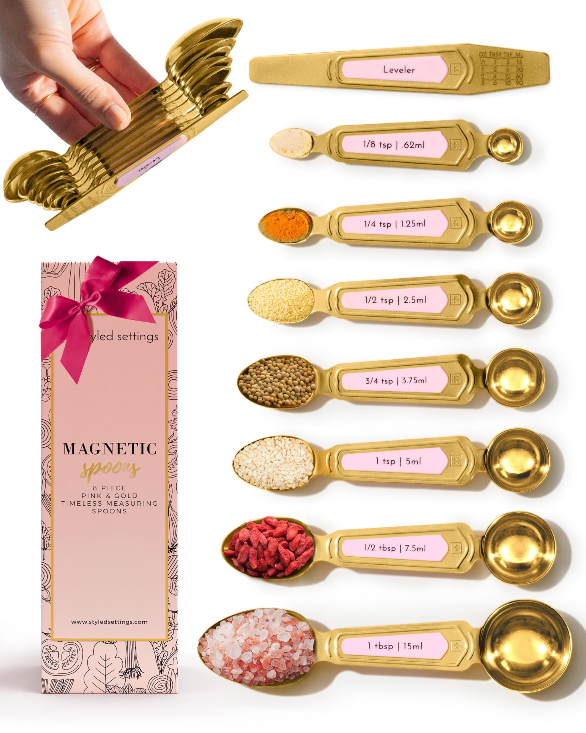 Pink and Gold Magnetic Measuring Spoons Set of 8 - Featuring Upgraded ...