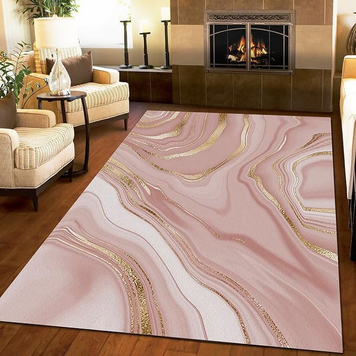 Pink Gold Marble Area Rugs, Luxurious Yellow Curved Line Stripes ...