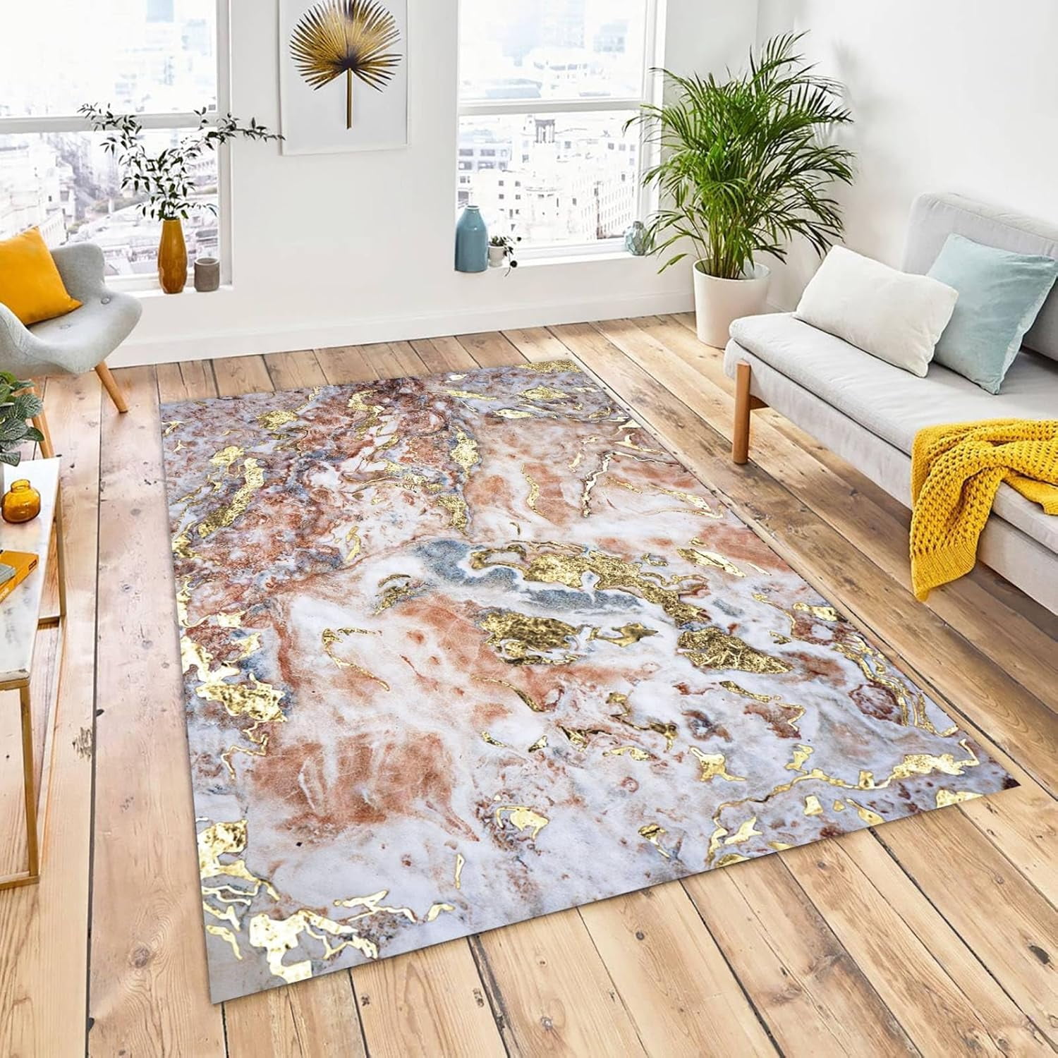 Pink Gold Marble Area Rugs, Tie Dye Doodle Style Kids Rug, Non-Slip Mat ...
