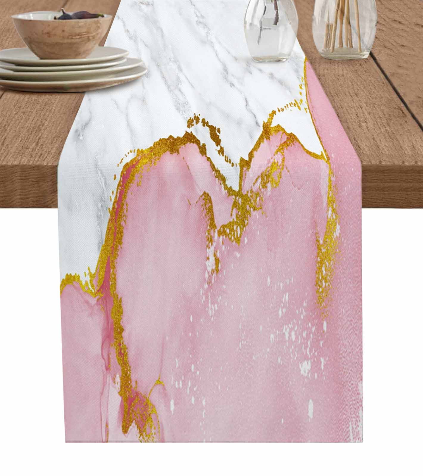 Pink Gold Marble Table Runners 60 Inches Long, Cotton Linen Fabric ...