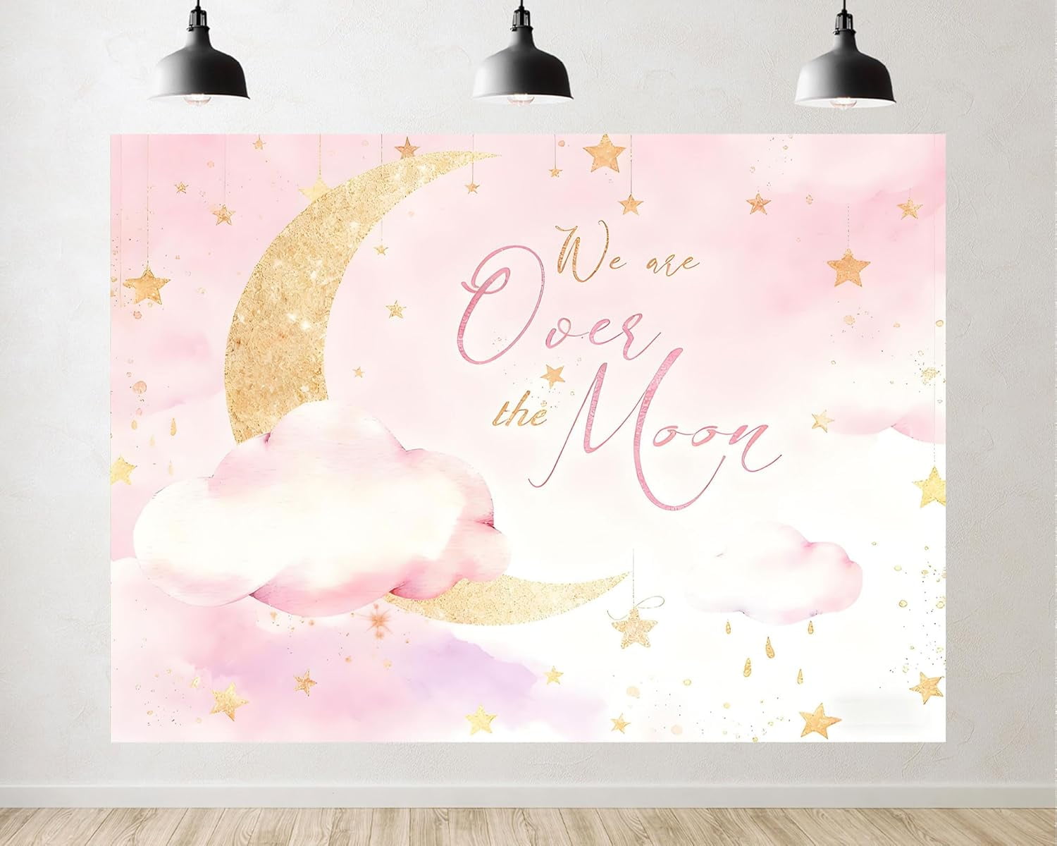 Pink Gold Over The Moon Backdrop Crescent Moon Stars Clouds Baby Shower ...
