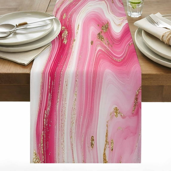 Pink Gold Table Runner 13x108 inch Abstract Marble Cotton Linen Dining ...