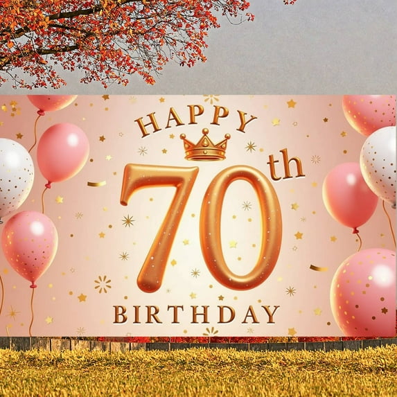 Pink Gold Theme Happy 70th Birthday Banner Golden Crown 70th Birthday ...
