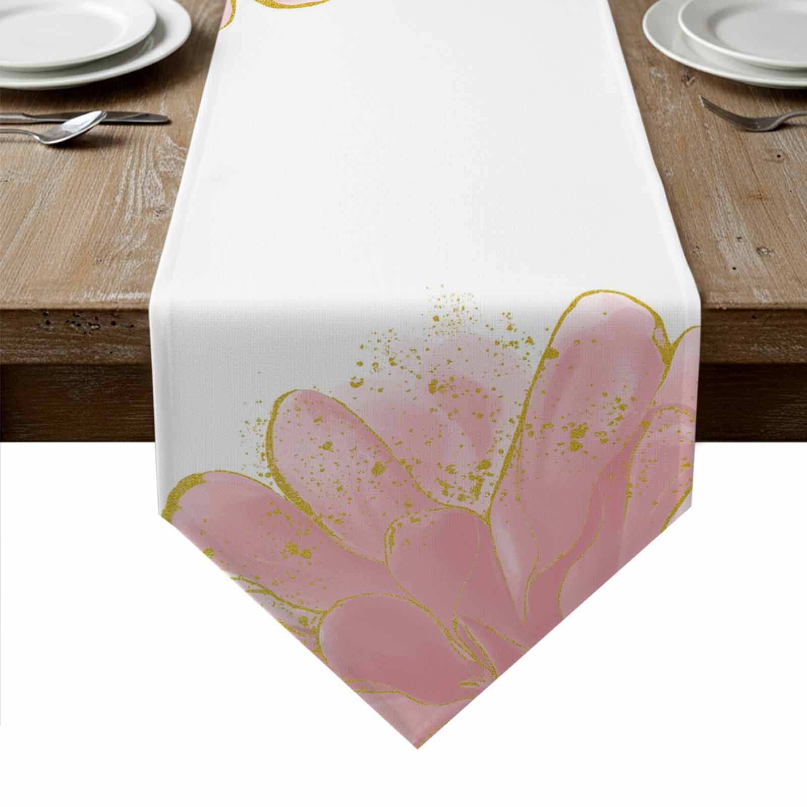 Pink Golden Floral Table Runner Linen Burlap Table Runner 72 Inches ...