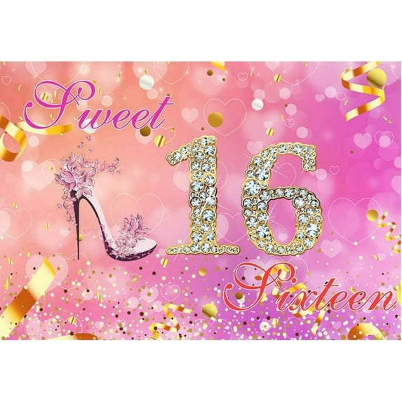 Pink Golden Sweet 16 High Heels Birthday Backdrop for Photography Shiny ...