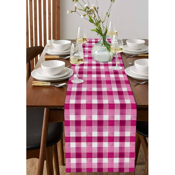 Pink Gradient Buffalo Plaid Table Runner 13x70in Non-Slip Cotton Linen ...