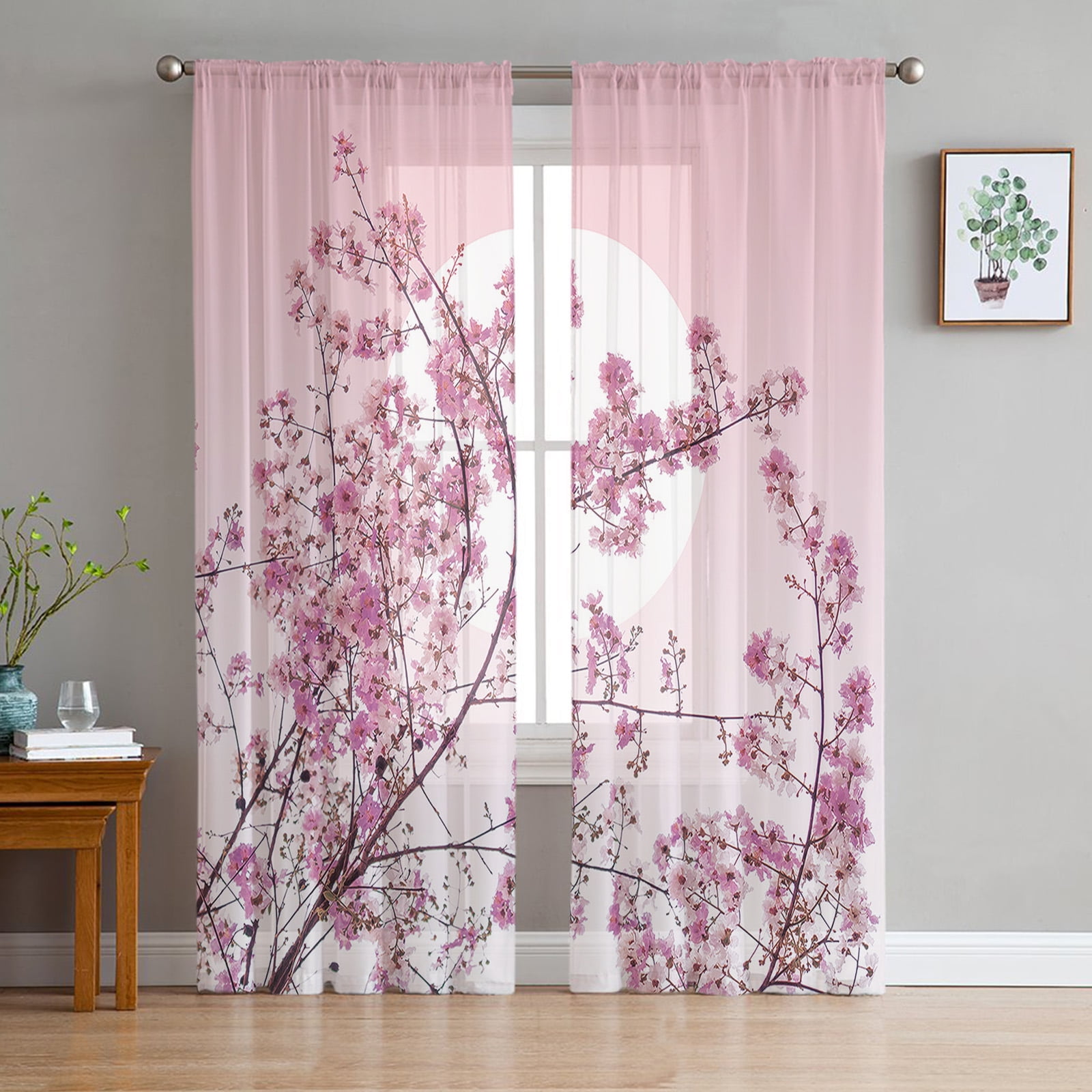 Pink Gradient Dense Cherry Blossom Flowers Tulle Curtains for Living ...