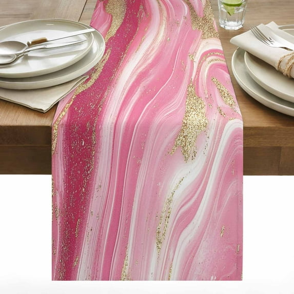 Pink Gradient Marble Table Runner 13x36 inch Gold Foil Cotton Linen ...