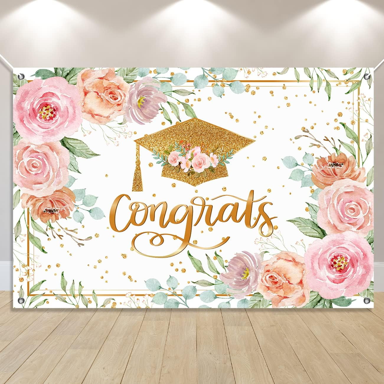 Pink Graduation Backdrop Class of 2025 Rose Gold Banner Floral Congrats ...