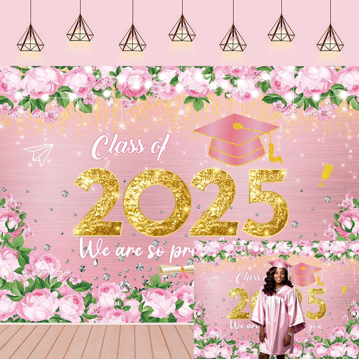 Pink Graduation Backdrop Class of 2025 Backdrop Rose Gold Pink Flower ...
