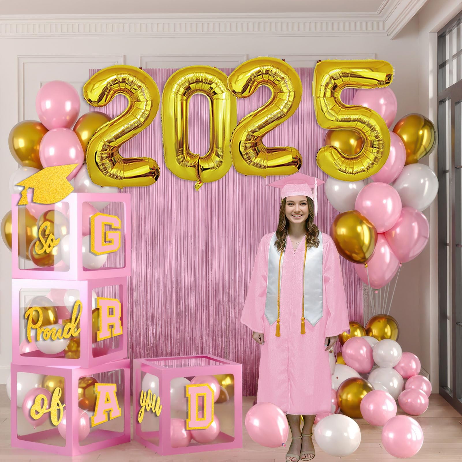 Pink Graduation Decorations 2025 RRF12 Set of 4 GRAD Balloon Boxes with ...
