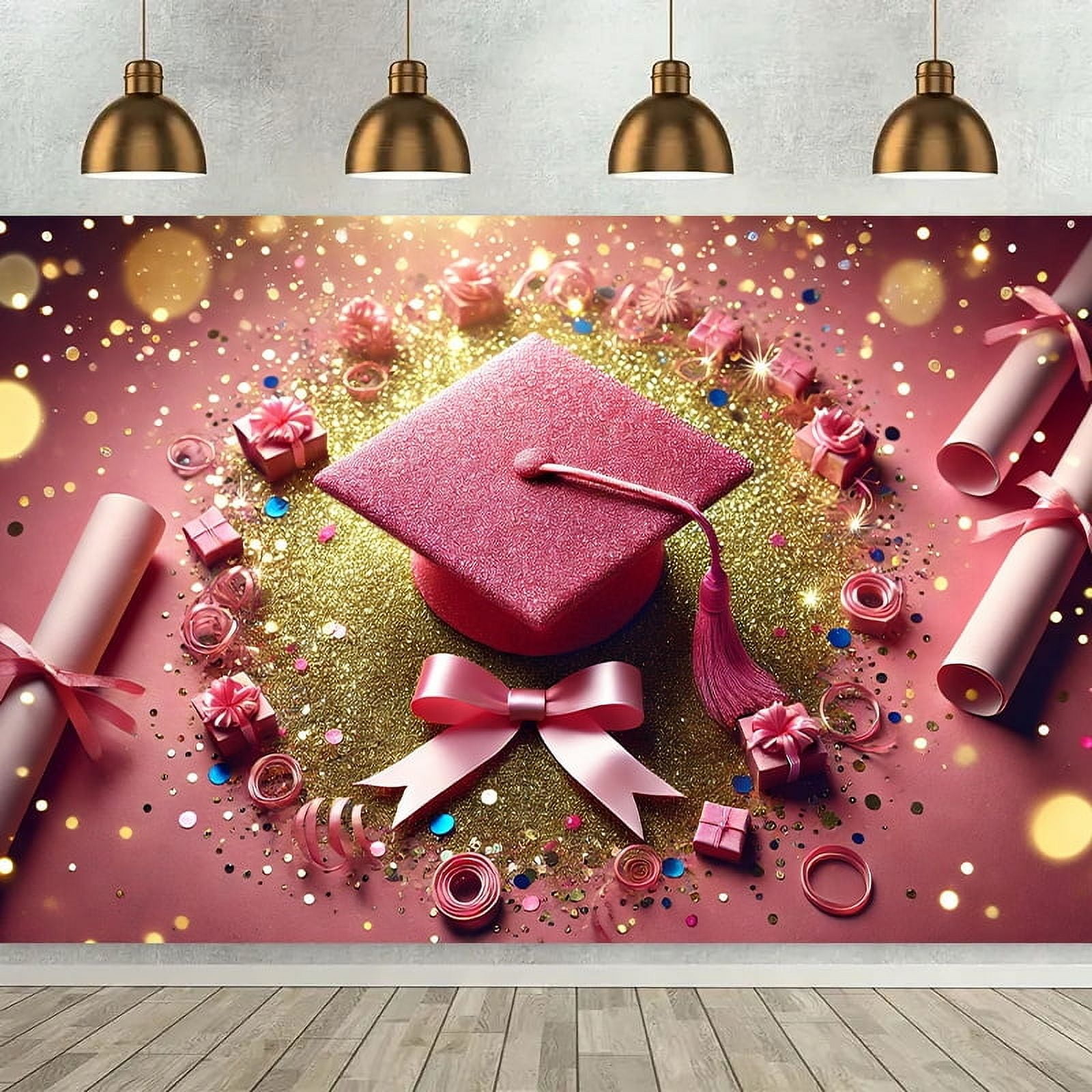 Pink Graduation Party Backdrop Pink Cap Congrats Grad Prom Banner Class ...