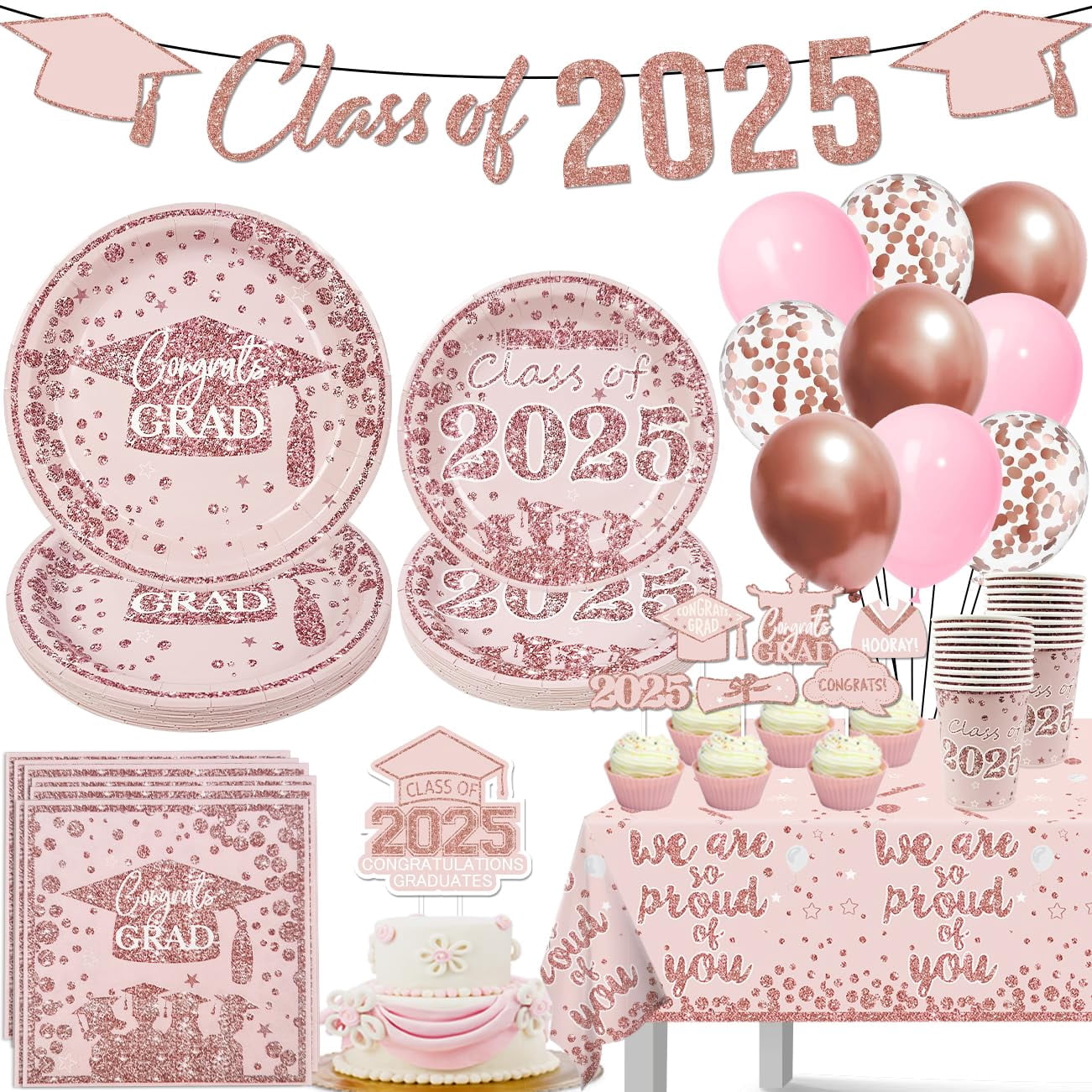 Pink Graduation Plates and IFF17 Napkins Rose Gold Class of 2025 ...
