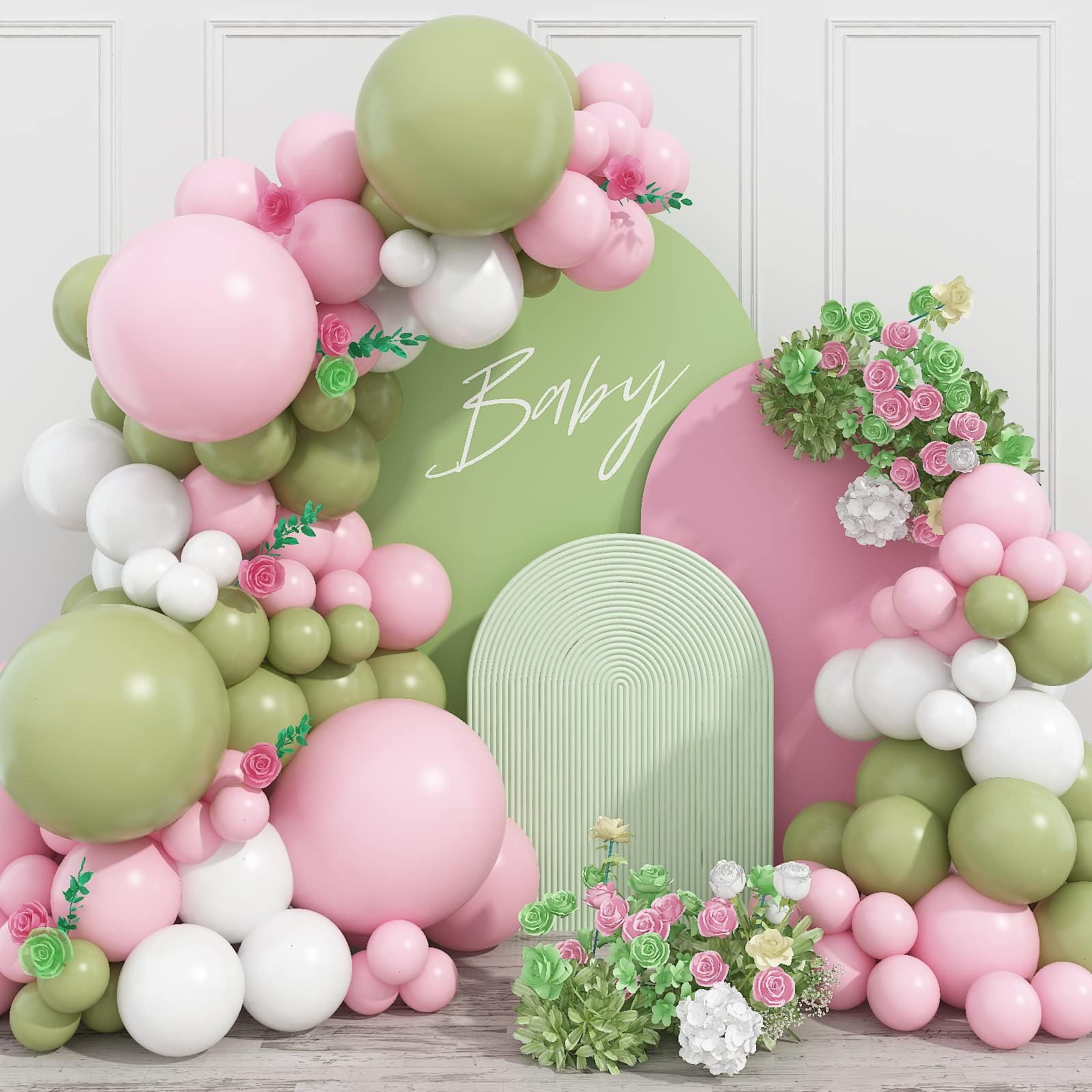 Pink Green Balloon Arch Kit, Pink Green Balloon Garland with Pink Sage ...