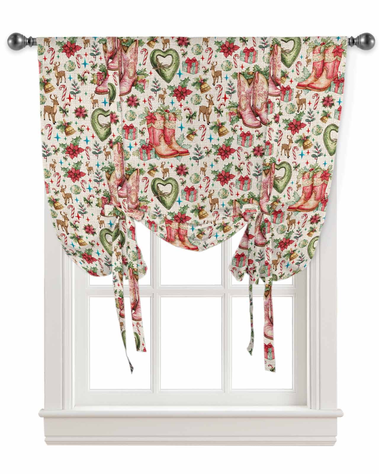 Pink Green Christmas Tie Up Curtains for Window, Xmas Western Botanical ...