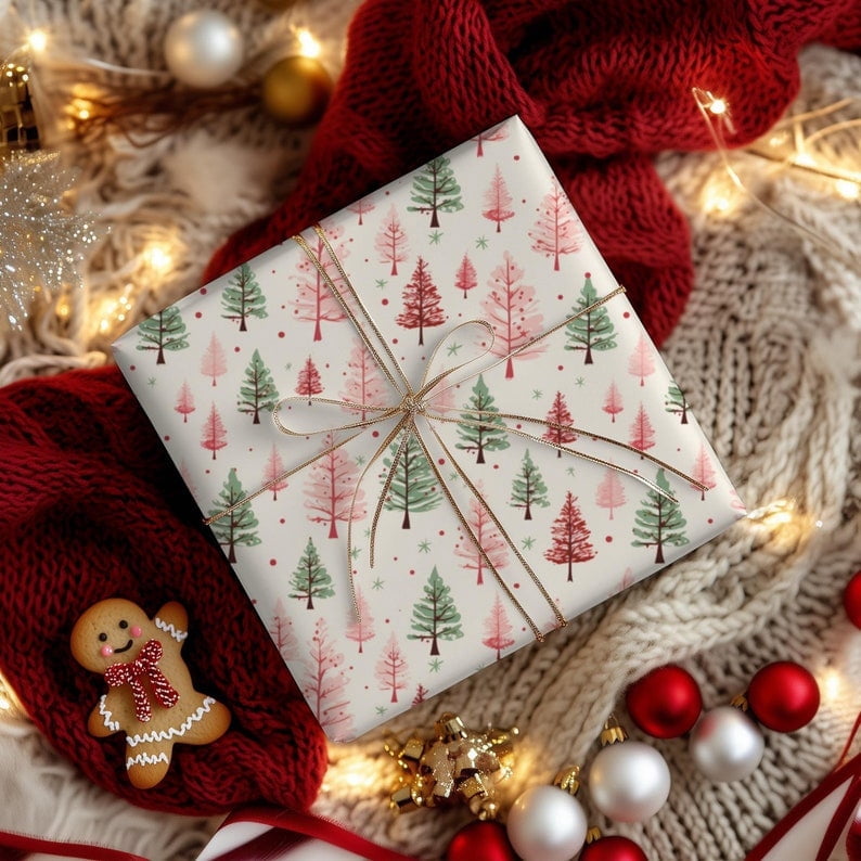 Pink & Green Christmas Wrapping Paper Pastel Xmas Tree Print Festive ...