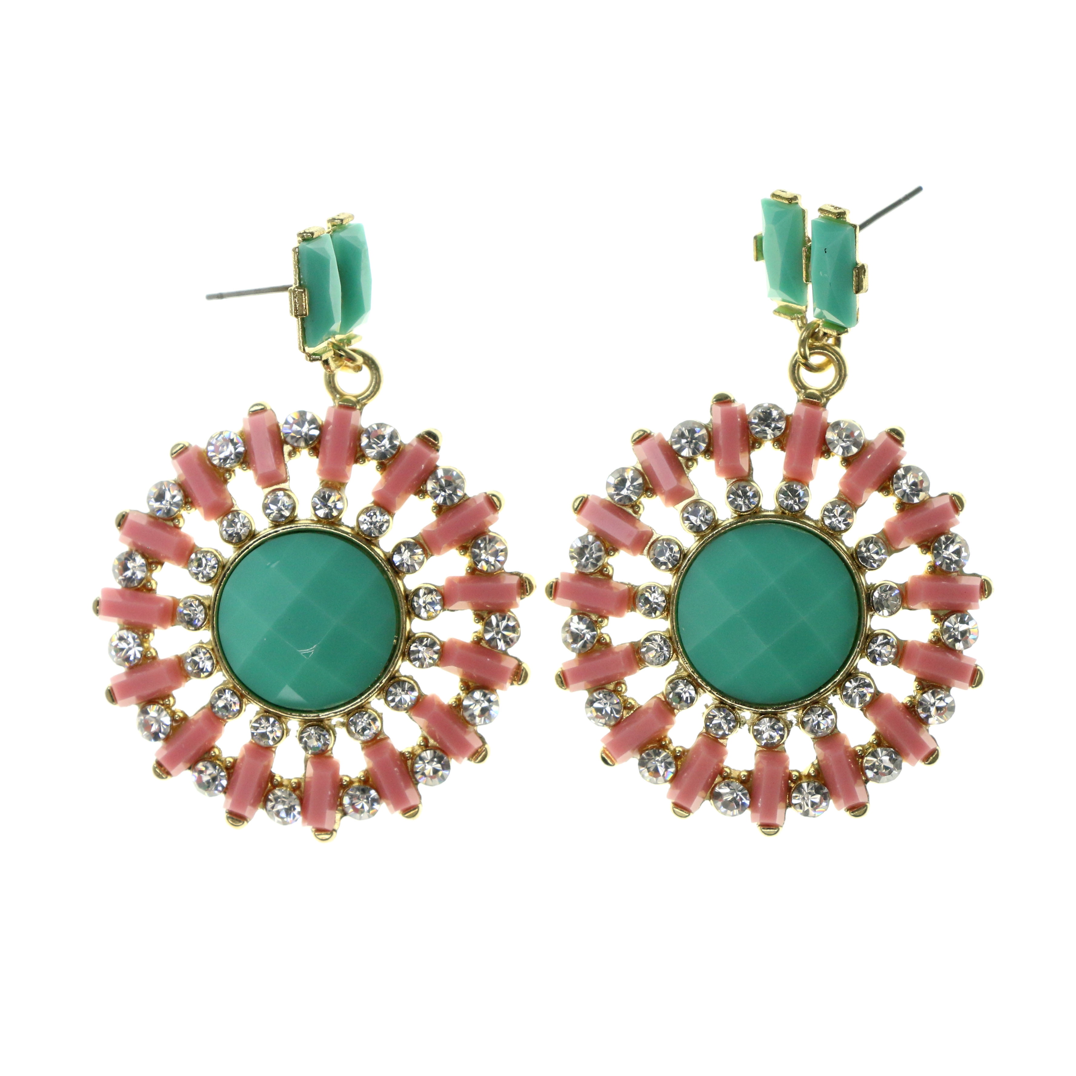 Pink & Green Colored Metal Drop-Dangle-Earrings With Crystal Accents # ...