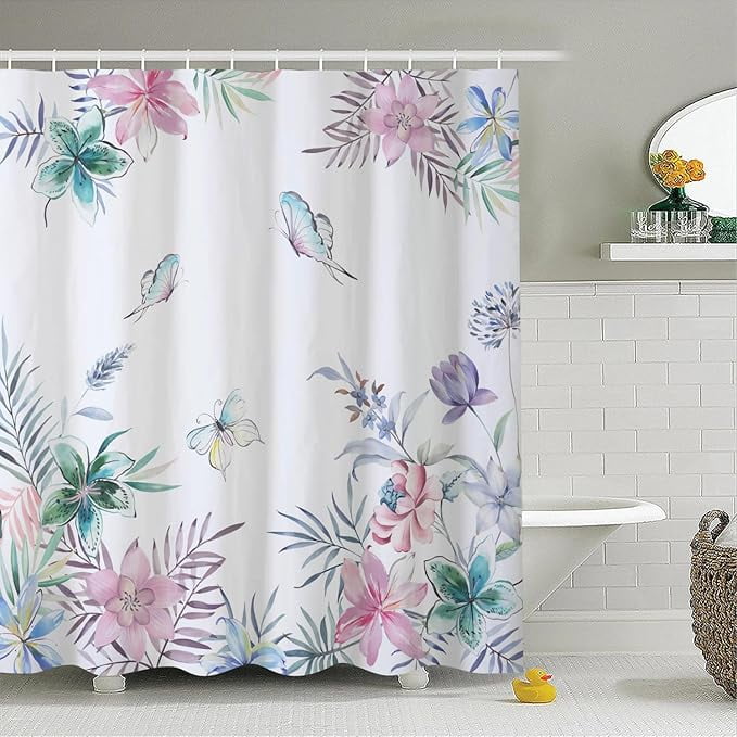Pink Green Floral Shower Curtain Set For Bathroom Butterflies Blue ...