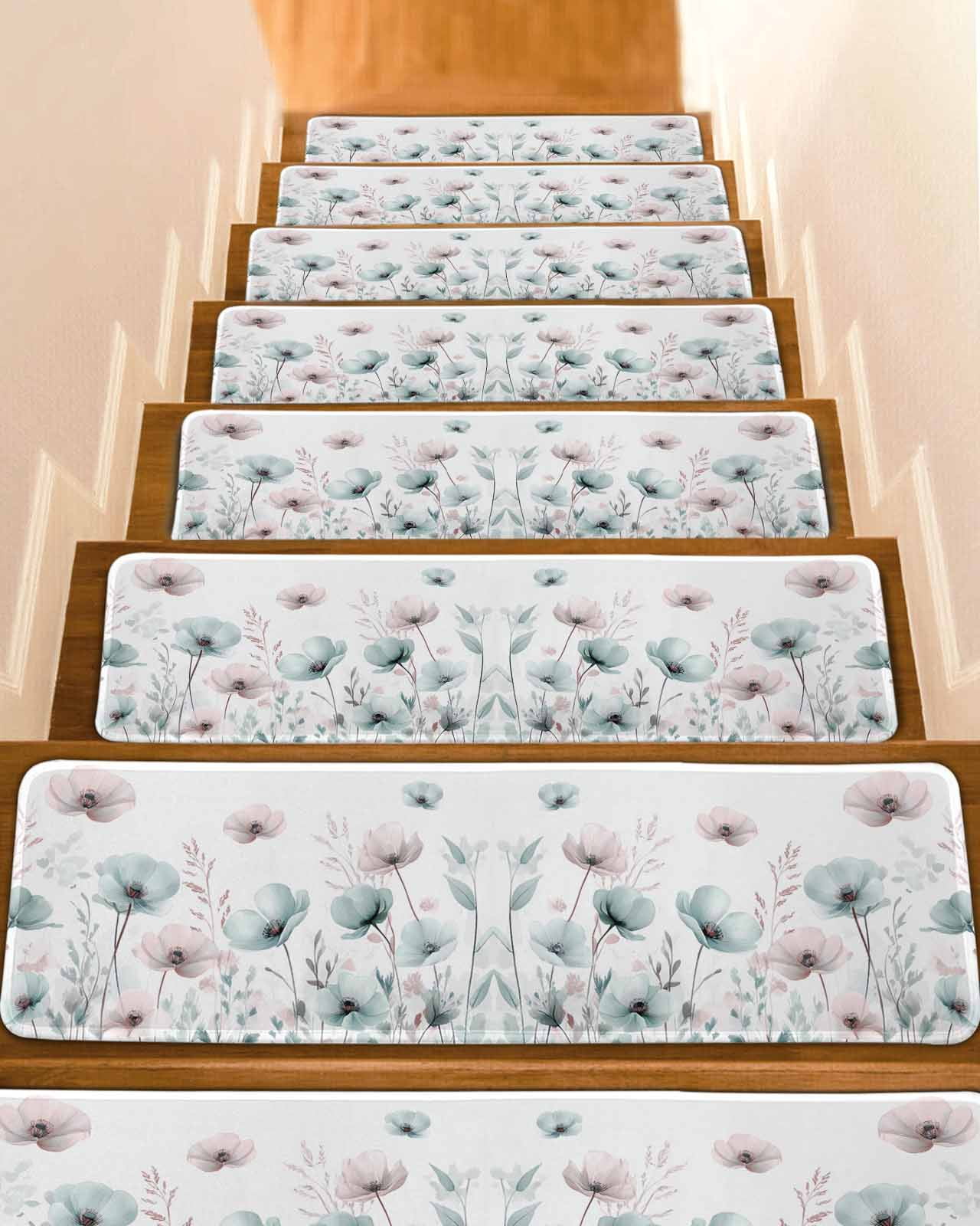 Pink Green Floral Stair Treads for Wooden Steps Indoor Runner Rug ...
