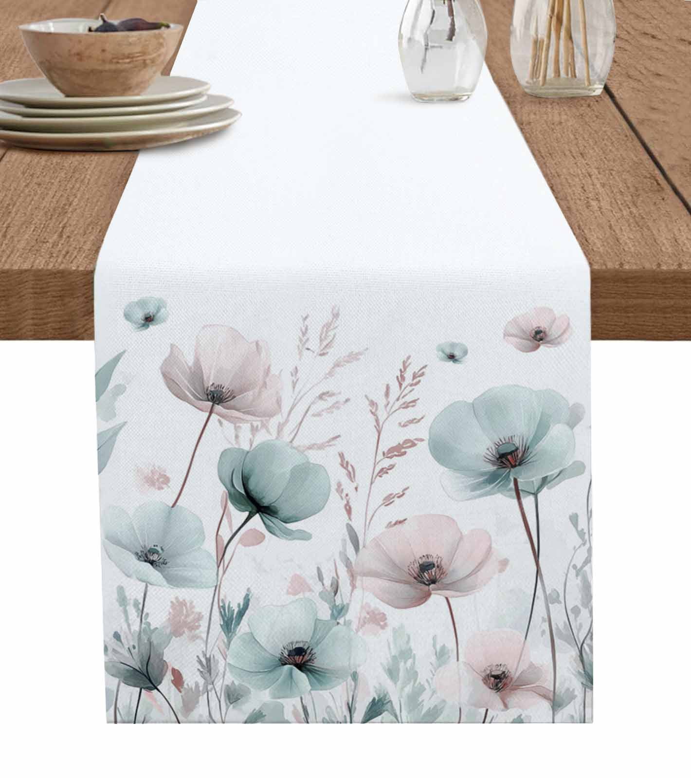 Pink Green Floral Table Runner Botanical Flower Plant Herb Watercolor ...