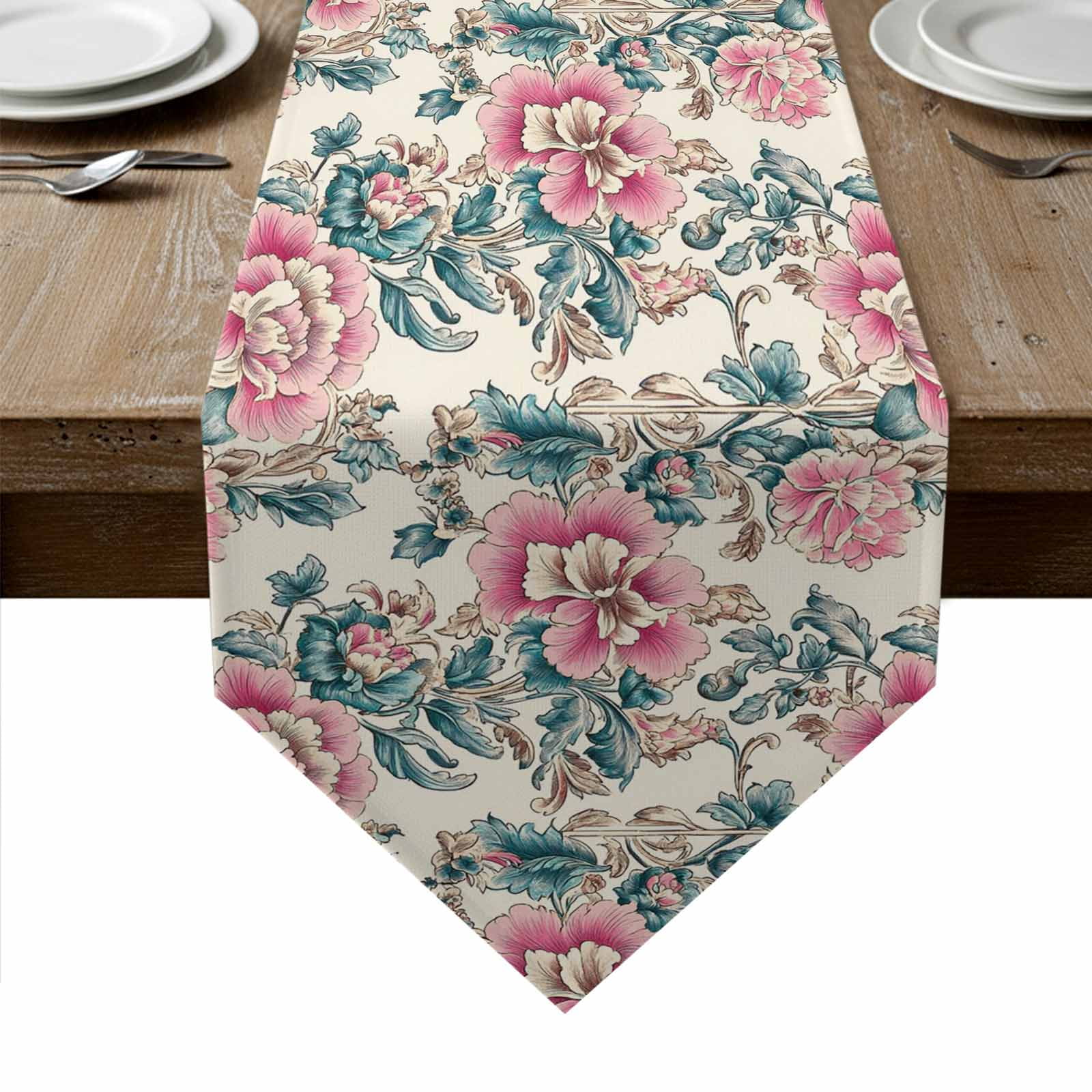 Pink Green Floral Table Runner Linen Burlap Table Runner 108 Inches ...