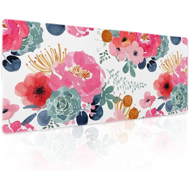 Pink Green Flowers Gaming Mouse Pad XL Cute Watercolor Floral Pretty ...