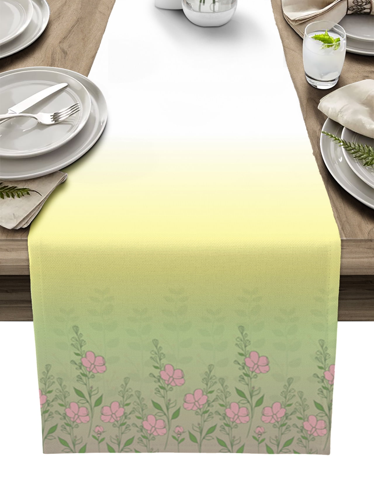 Pink Green Leaves Flowers, Table Runner 72 Inches, Ombre Yellow White ...