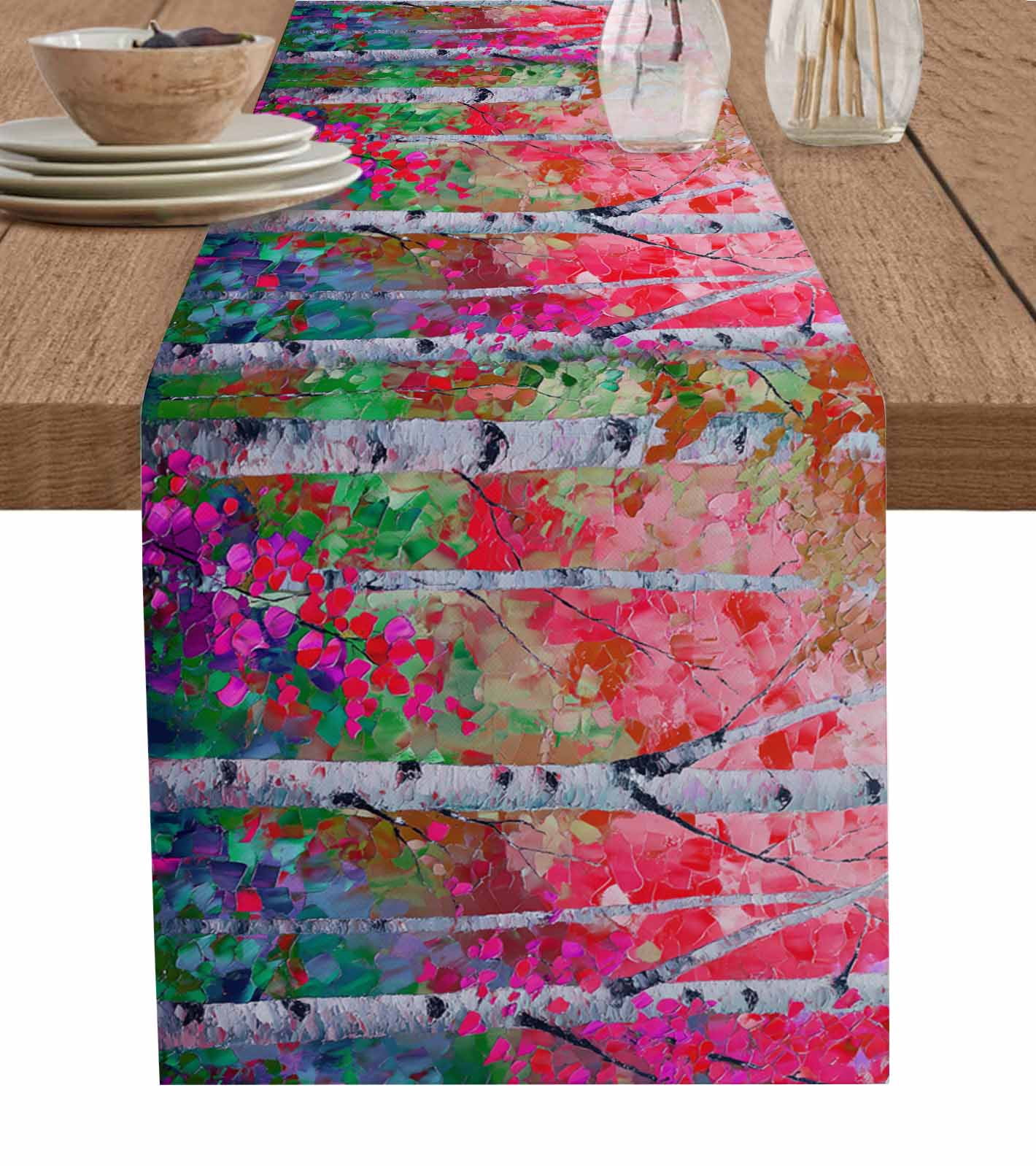 Pink Green Oil Painting Burlap Cotton Table Runner 14x72 Inches Long ...