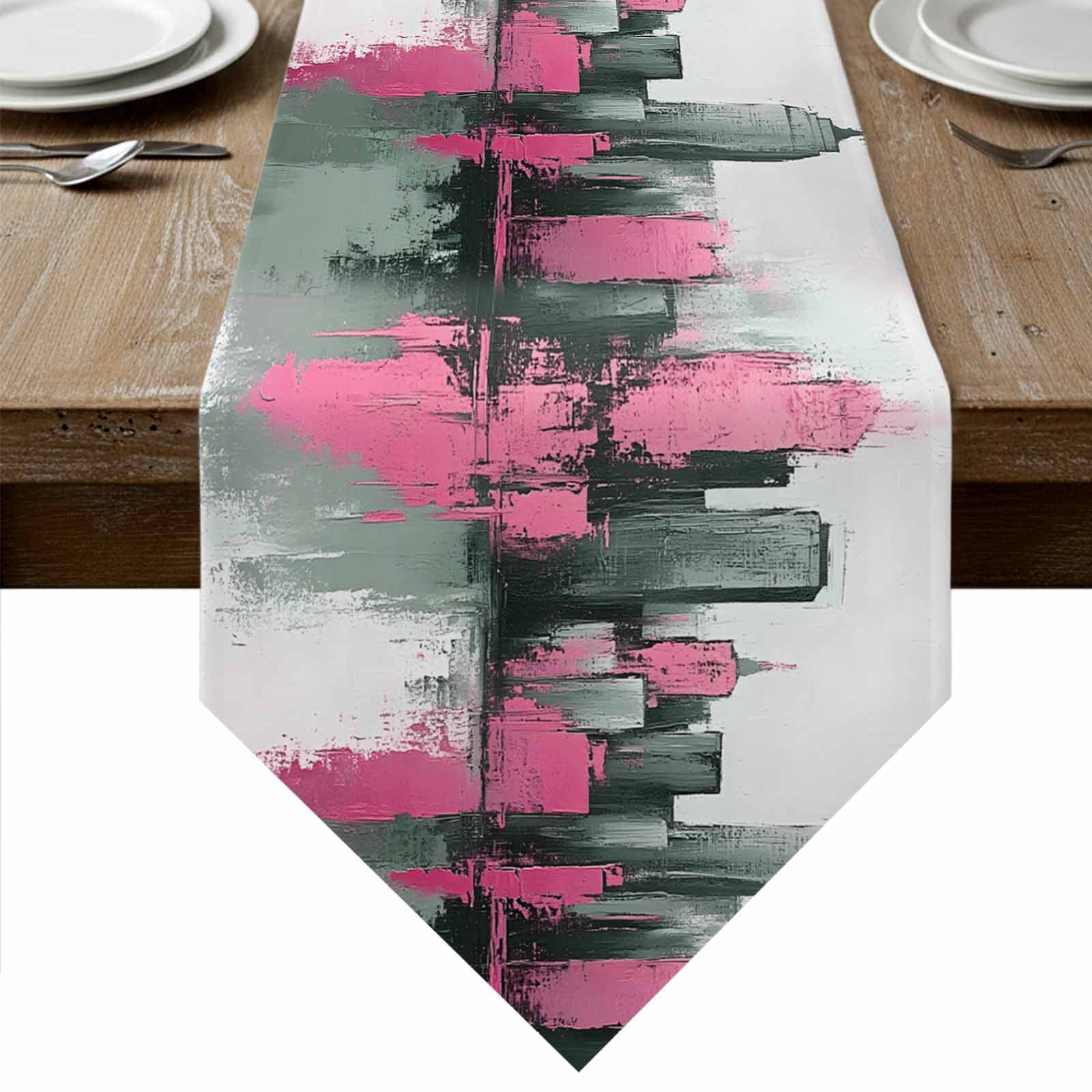 Pink Green Oil Painting Table Runner Linen Burlap Table Runner 72 ...