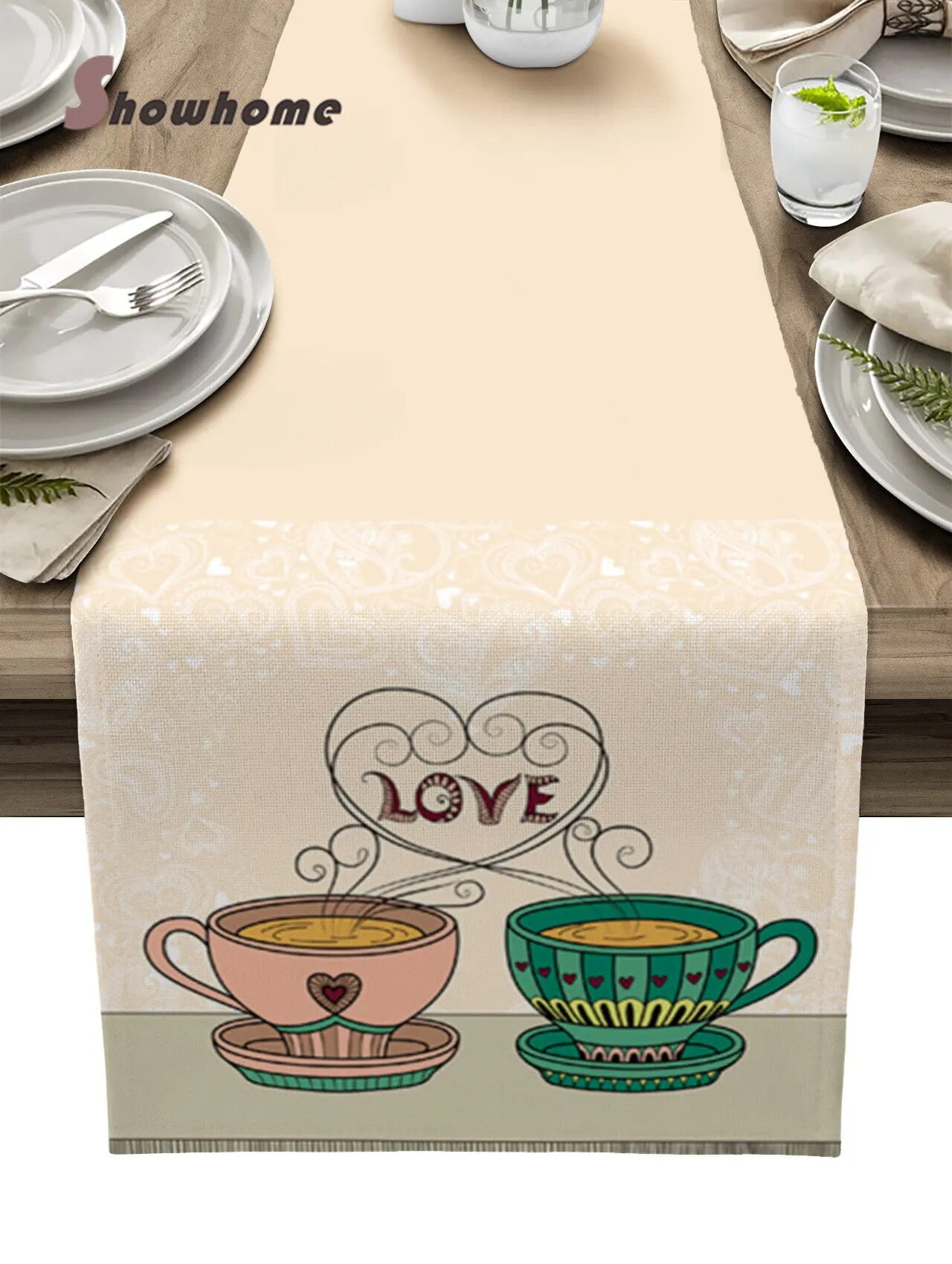 Pink Green Teacup Love Table Runner Wedding Party r Modern Coffee ...