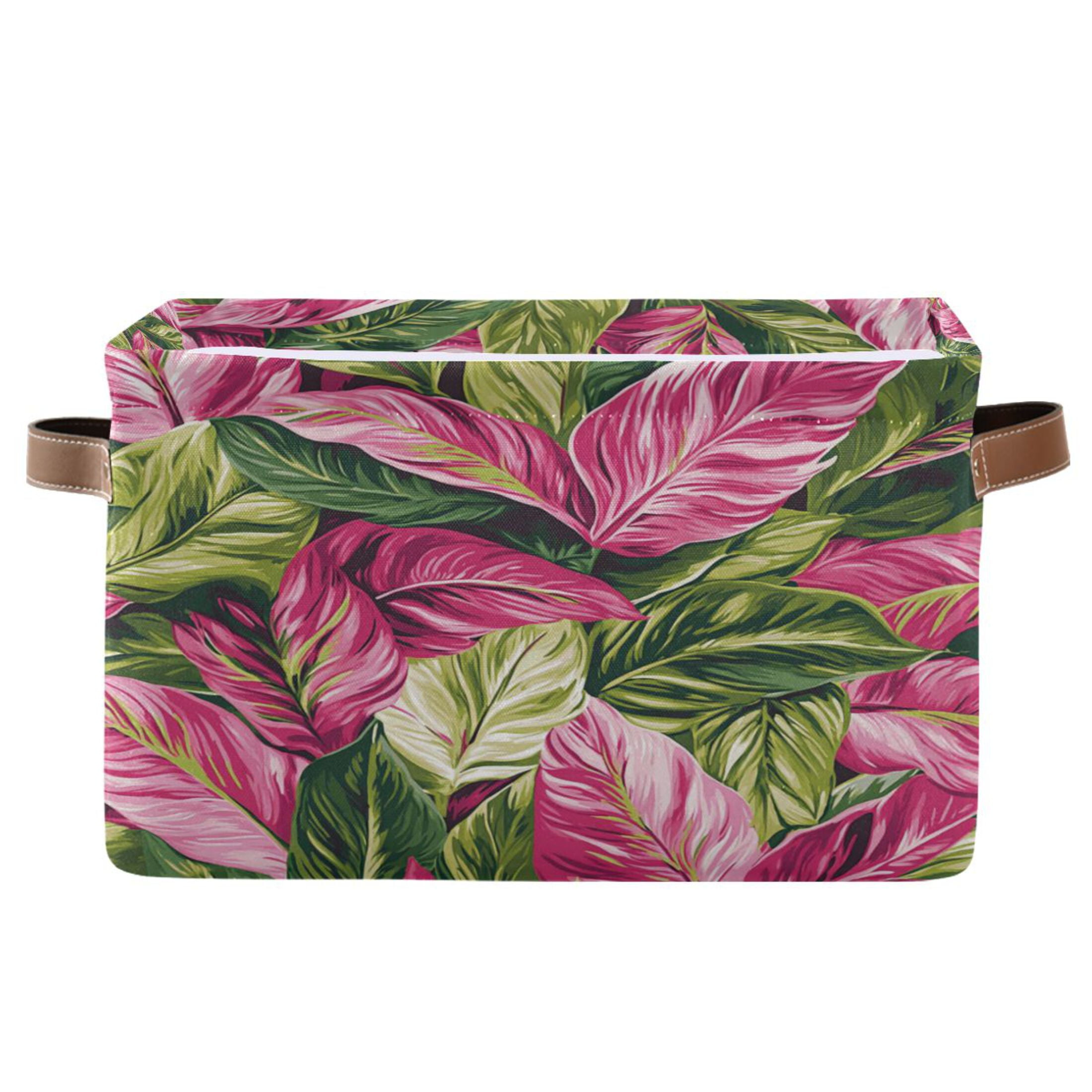 Pink and Green Tropical Leaves Foldable Storage Basket,Canvas Fabric ...