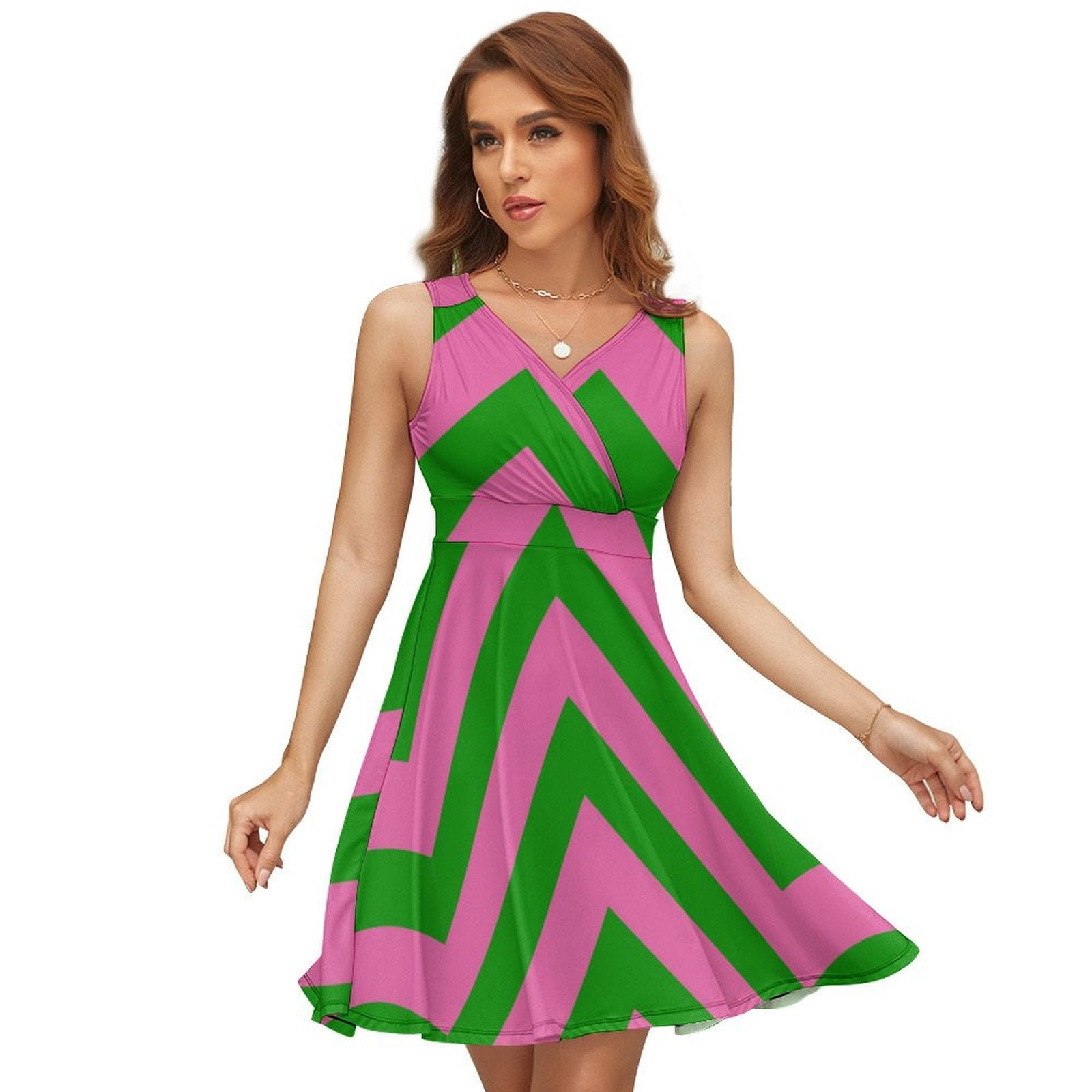 Pink Green Zig Zag Pattern Dress Fashion Beach Long Dresses Female ...