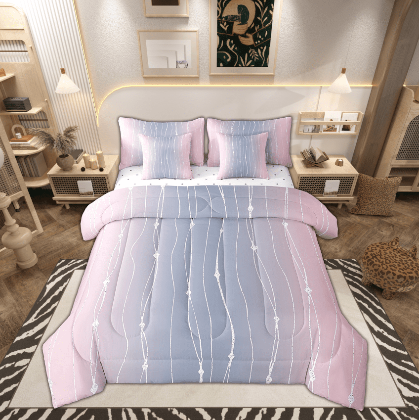 Pink and Grey Bed in a Bag 7pcs Women Watercolor Gradient Bedding Set, Geometric Abstract Full ...