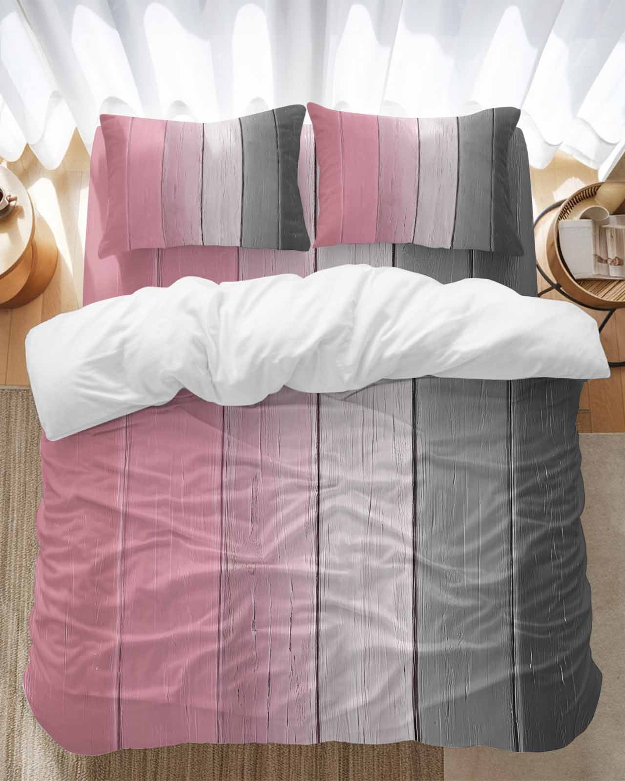 Pink Grey Bedding Duvet Cover Set Queen Size 4 Pieces Gradient Wood ...