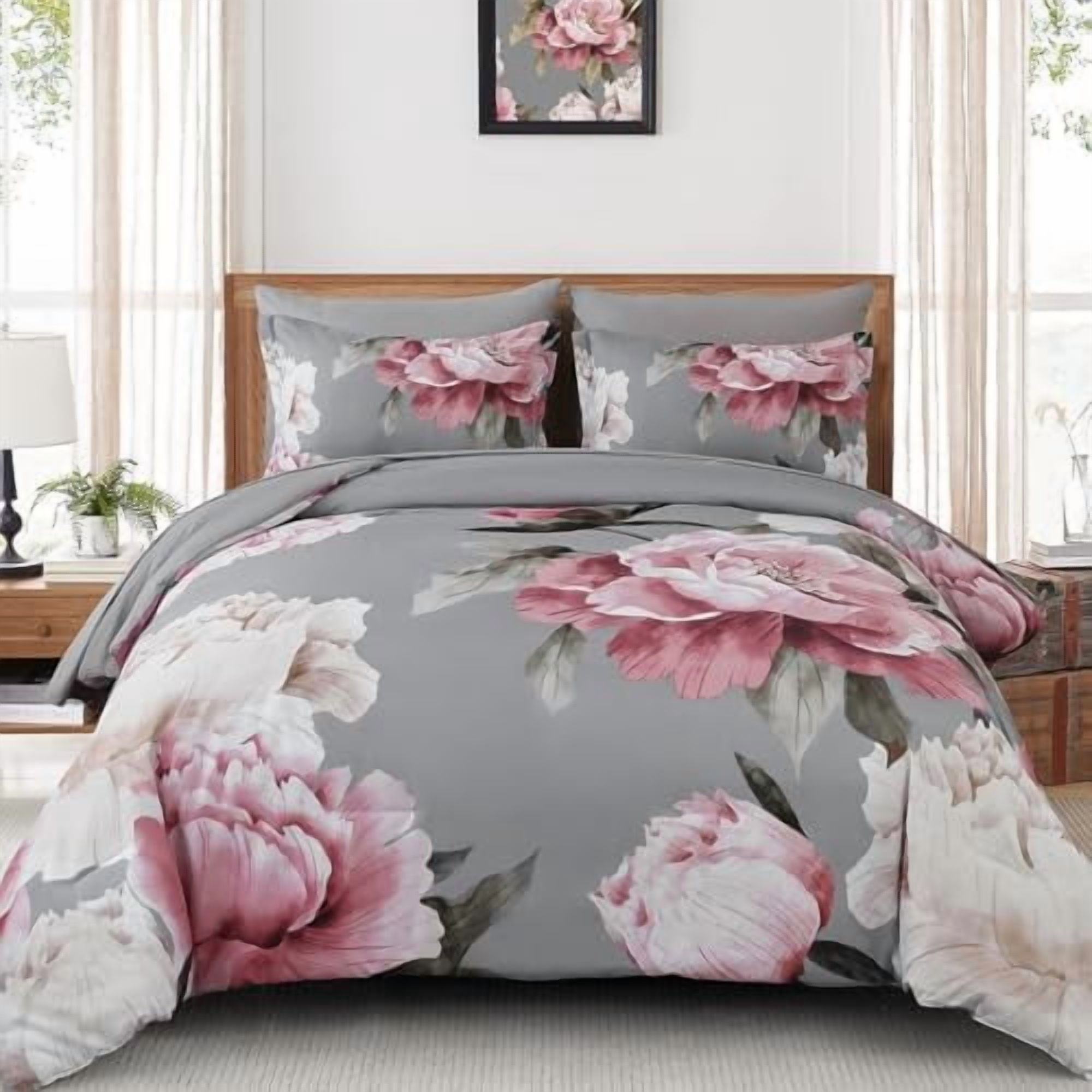 Pink and Grey Comforter Set Queen Size 7 Piece Bed in a Bag, Floral ...