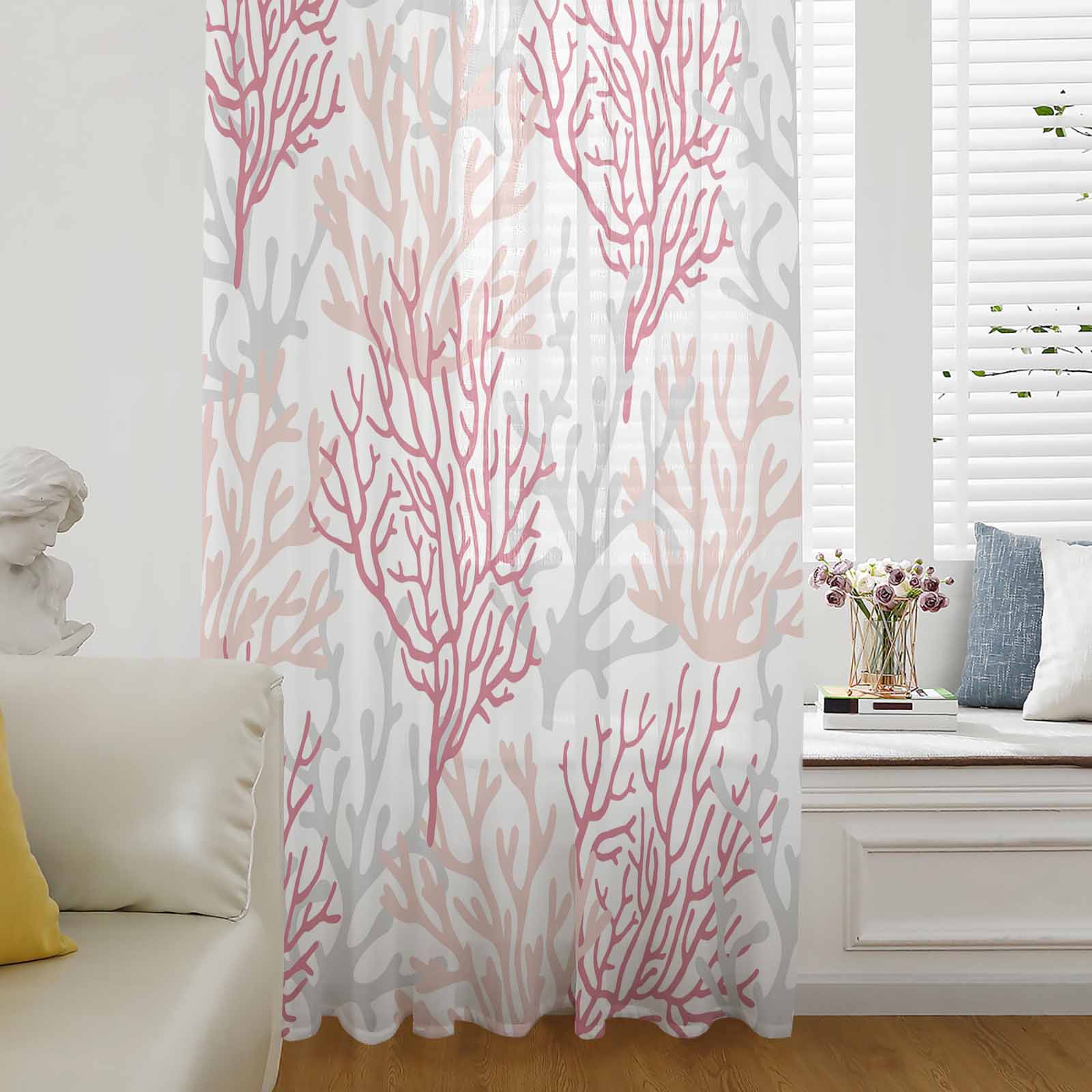 Pink Grey Coral Coastal Semi Sheer Curtains Drapes for Living Room ...