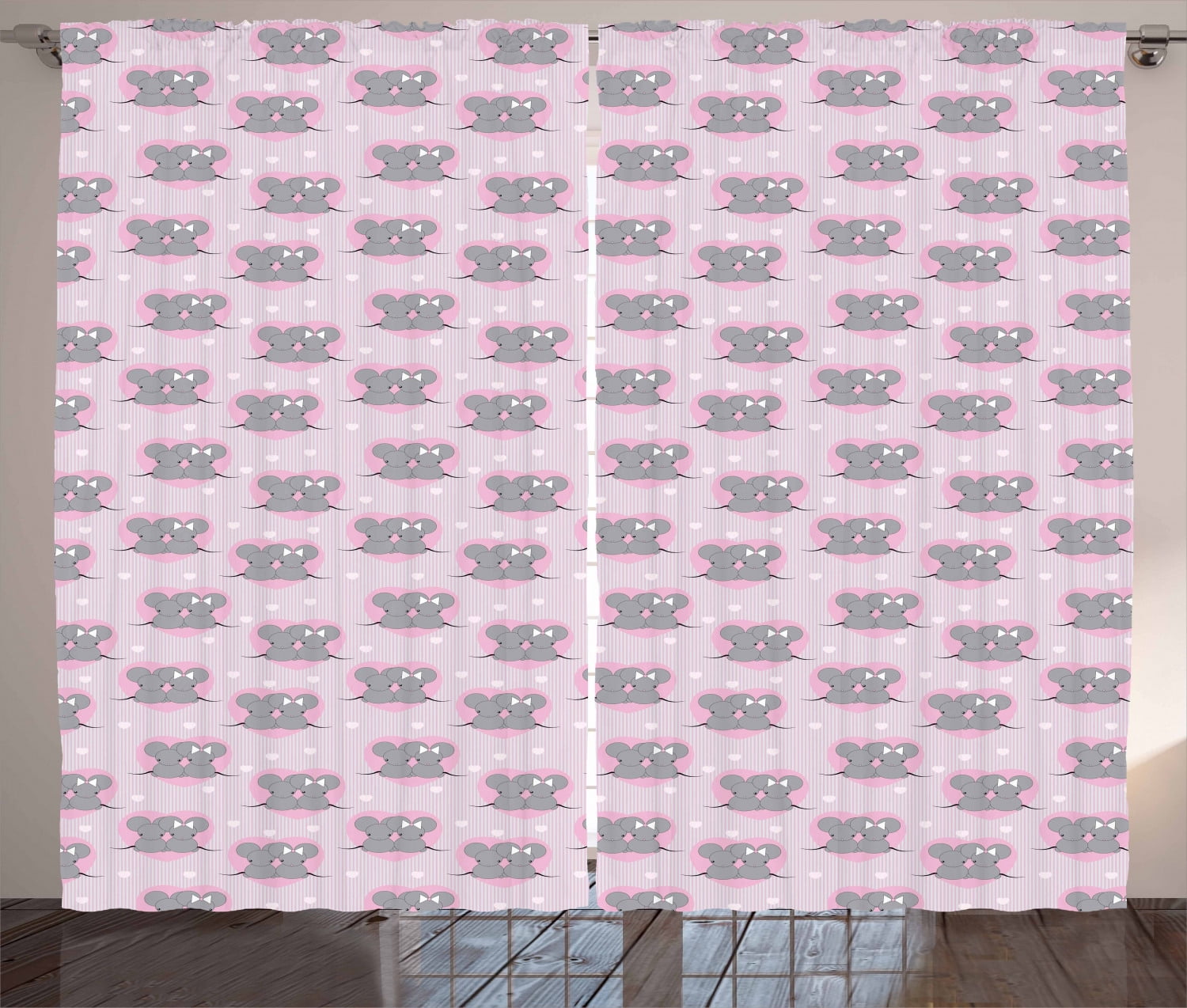 Ambesonne Pink and Grey Curtains 2 Panel Set, Mouse Hearts, 108" x 96 ...