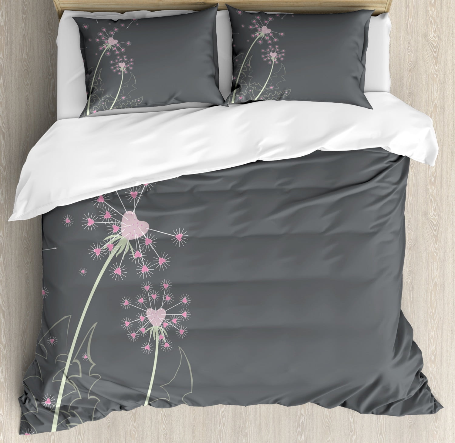 Pink and Grey Duvet Cover Set King Size, Dandelion Flowers with Hearts ...
