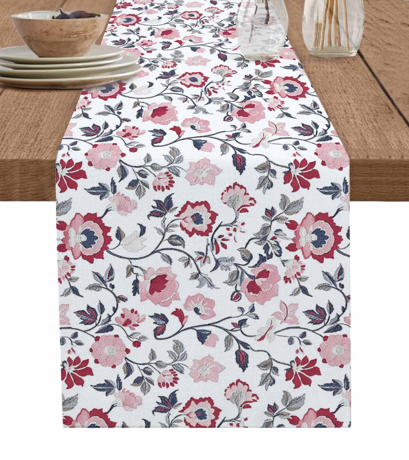 Pink Grey Floral Table Runner 90 Inches, Botanical Watercolor Flower ...