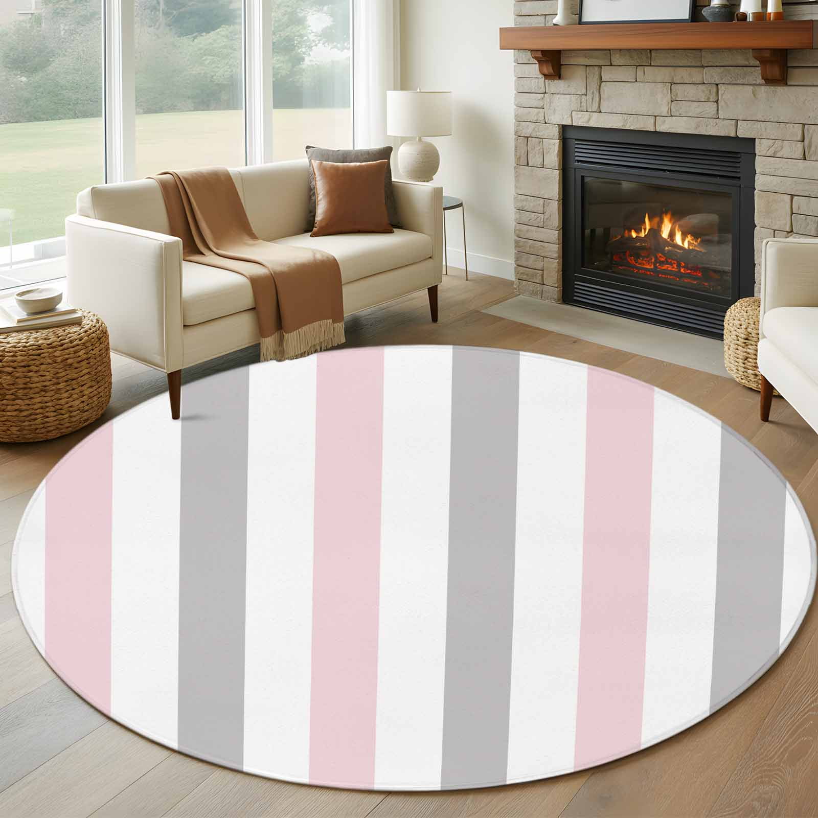Pink Grey Stripe 7ft Round Rug, Modern Farmhouse Vertical Striped Non ...