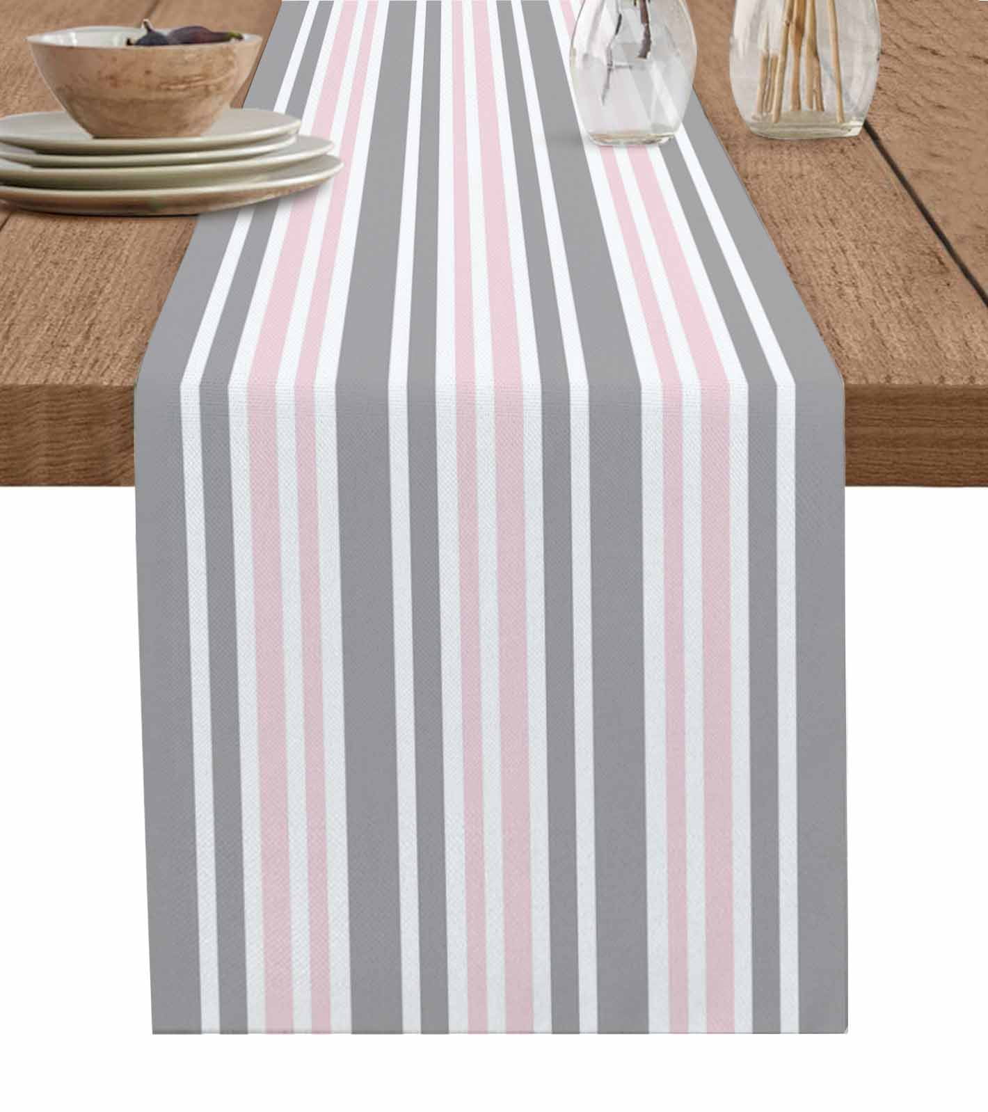 Pink Grey Striped Table Runners 90 Inches Long, Cotton Linen Fabric ...