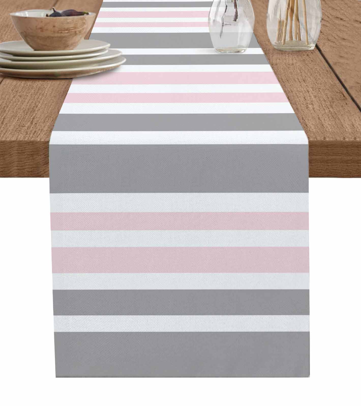 Pink Grey Stripes Table Runners 120 Inches Long, Cotton Linen Fabric ...