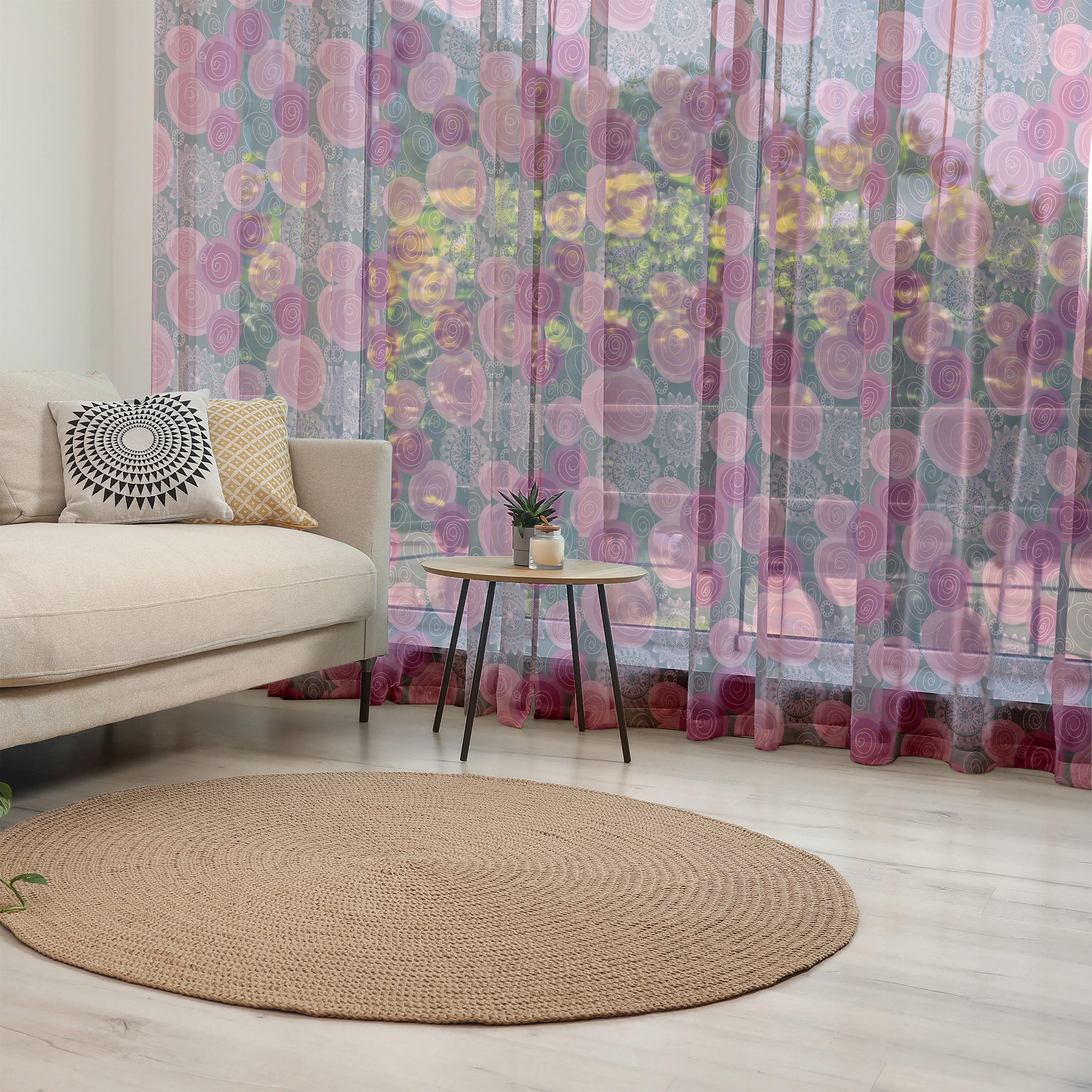 Pink and Grey Tulle Curtains with Rod Pocket, Doodle Style Lace Swirled ...