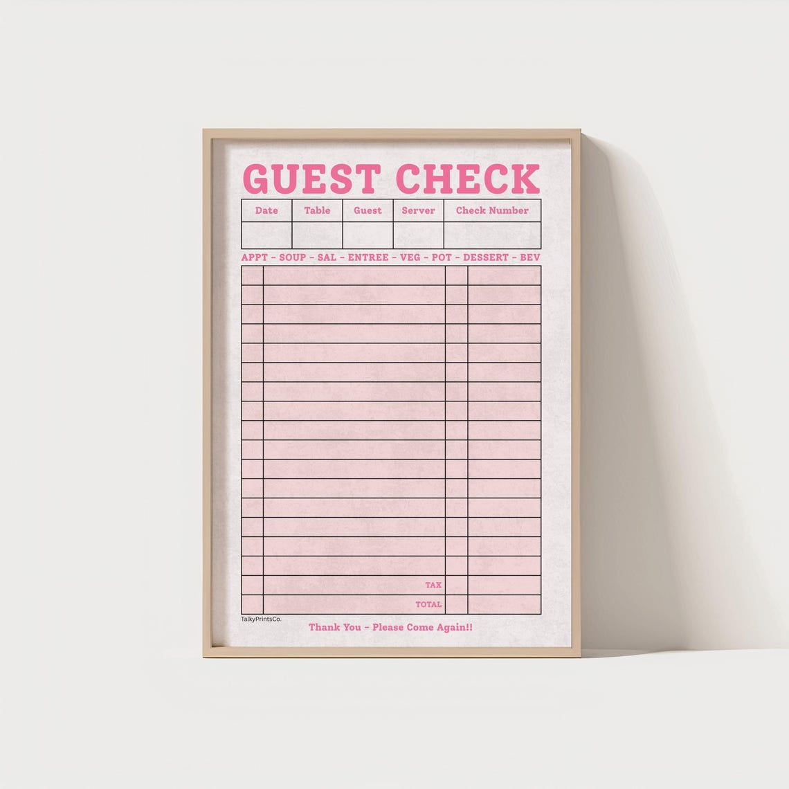 Pink Guest Check Poster, Retro Trendy Art Print Home Decor #210 ...