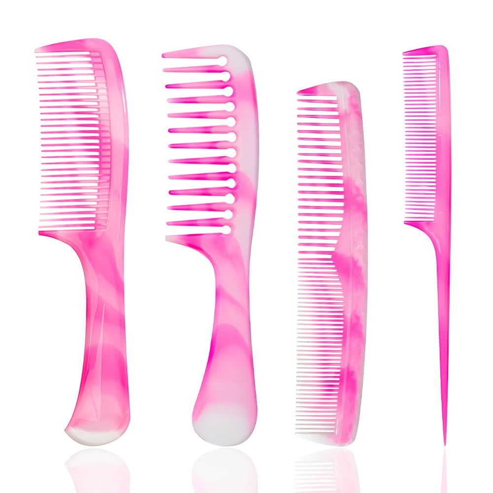 Pink Hair Comb Set - Wide Tooth, Fine Tooth, Rat Tail, and Dual Comb ...