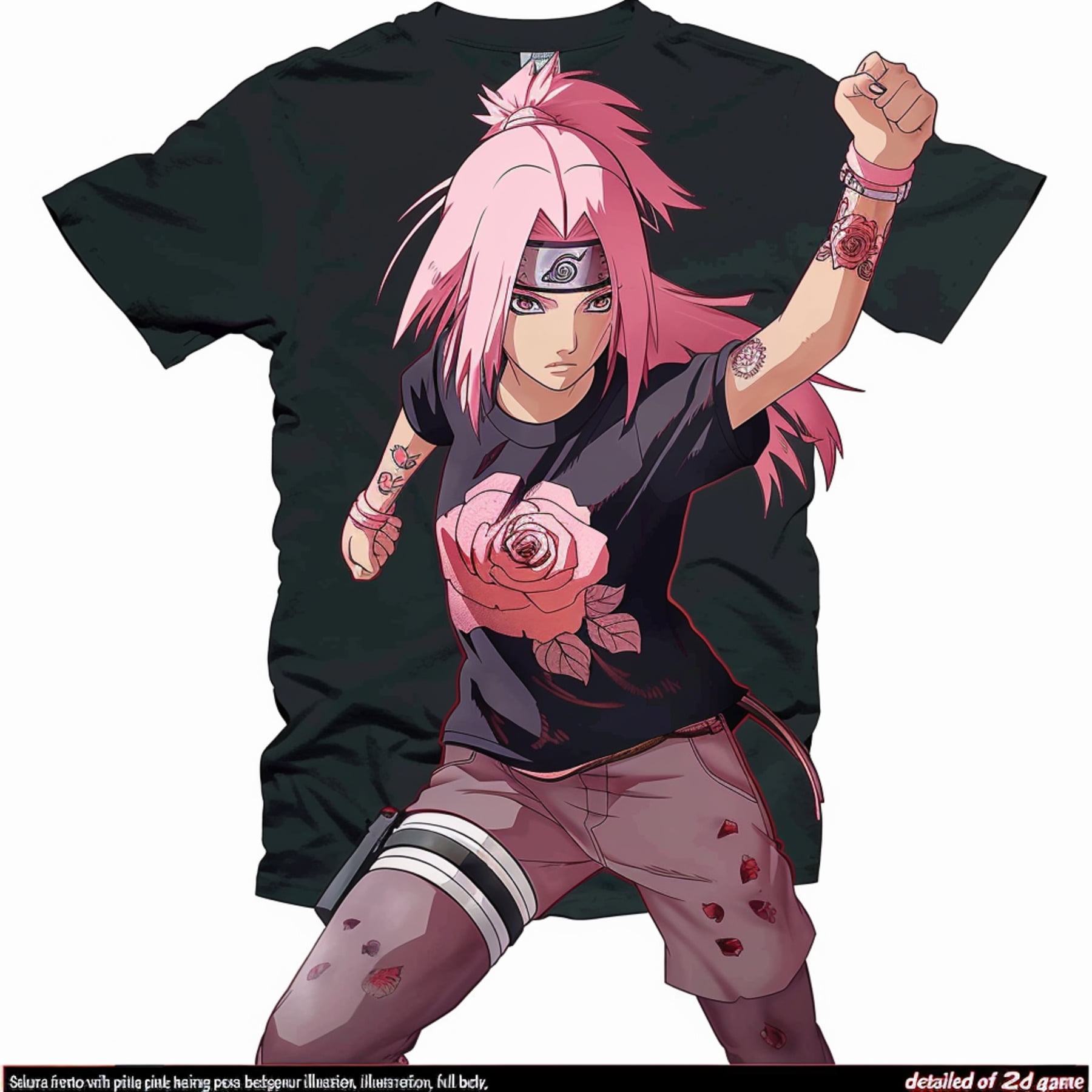 Pink Hair Rose Fighting Pose Black TShirt Design 2D Game Art Style Full ...