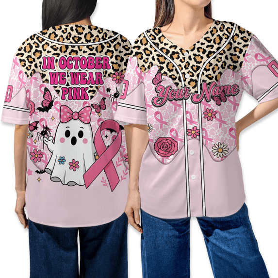 Pink Halloween Breast Cancer Awareness Jersey – Custom Name Ghost Shirt ...
