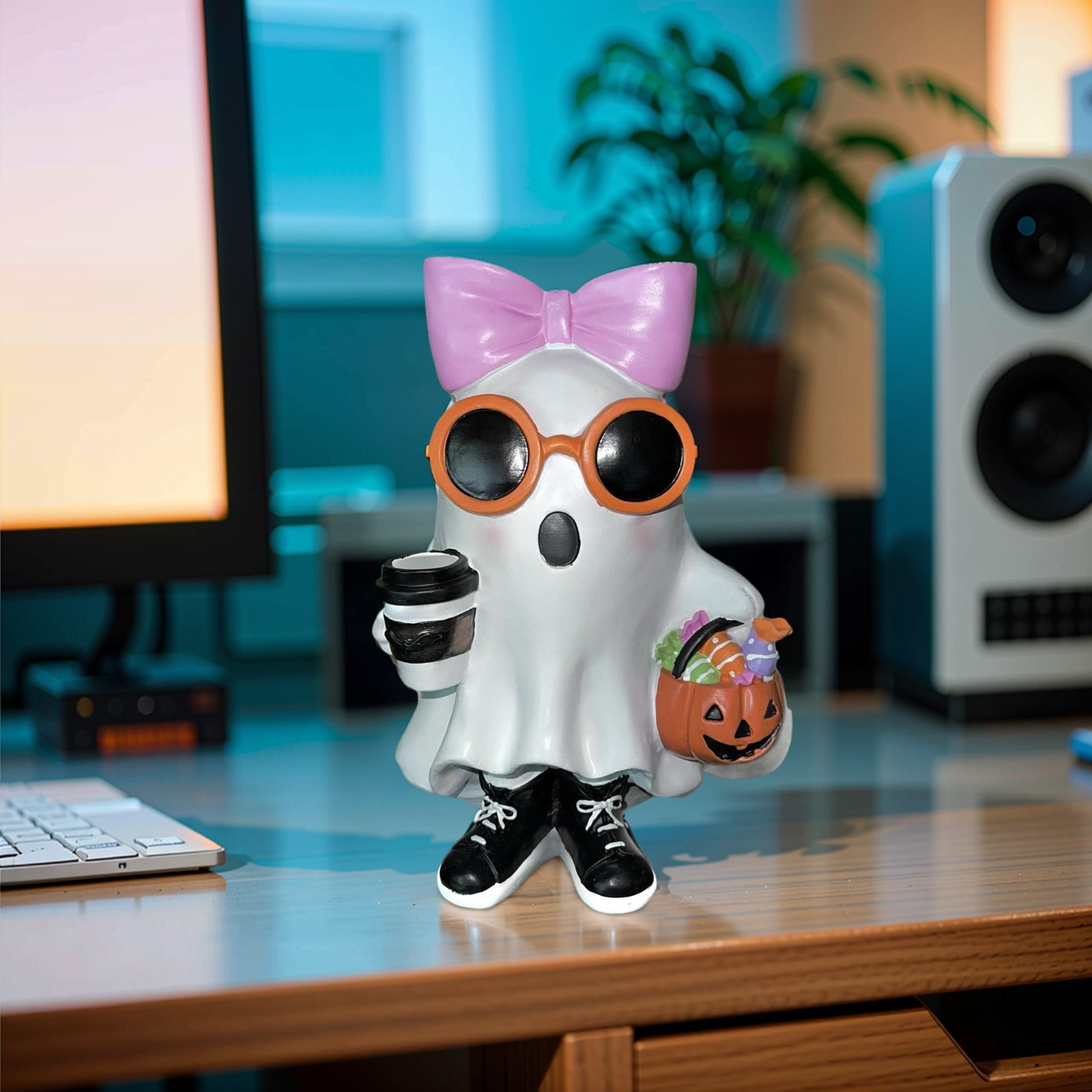 Pink Halloween Decor Pink Bow Halloween Ghost Statue with Coffee Cup 25 ...