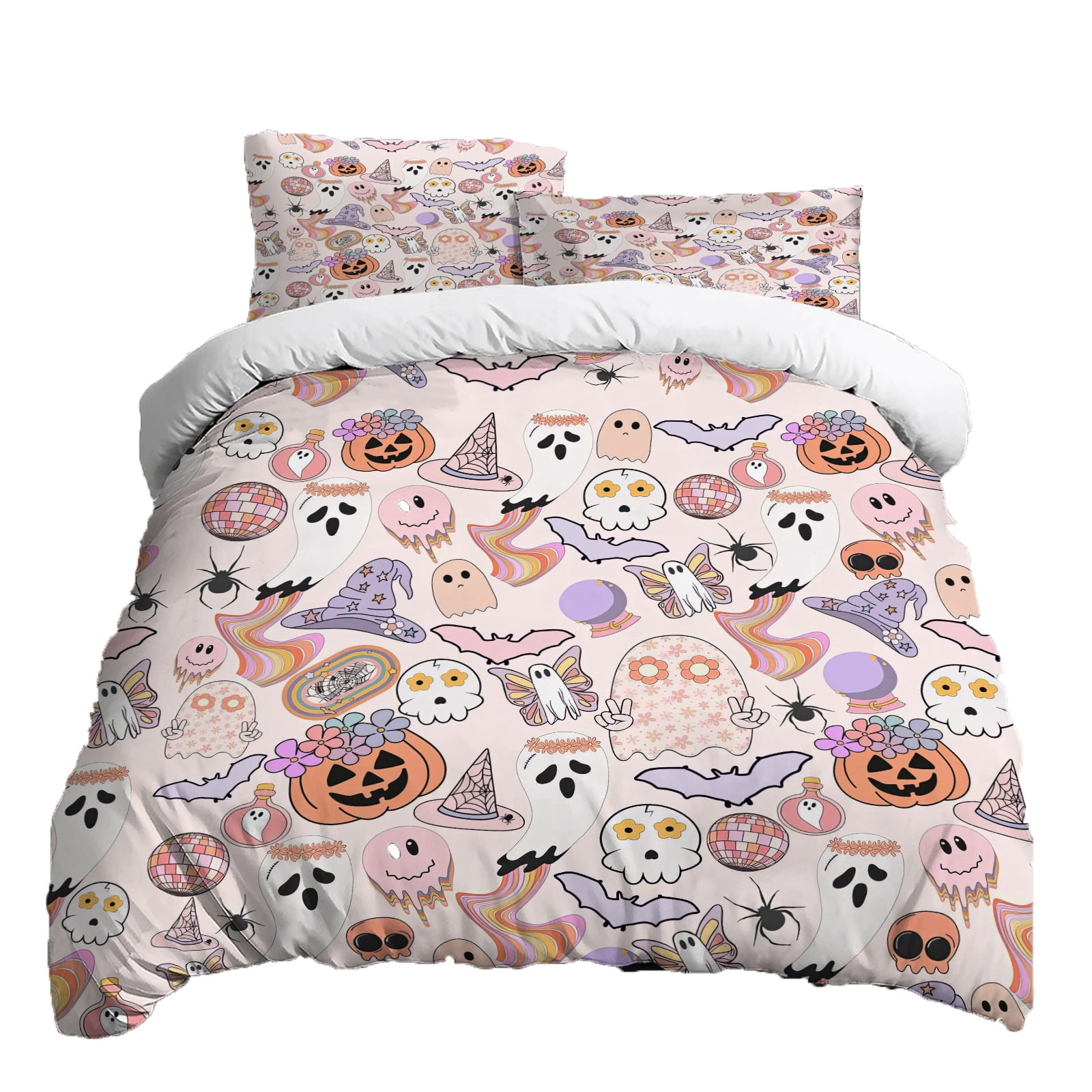 Pink Halloween Ghost Pumpkin Bat Witch Comforter Set | 3-Piece Bedding ...